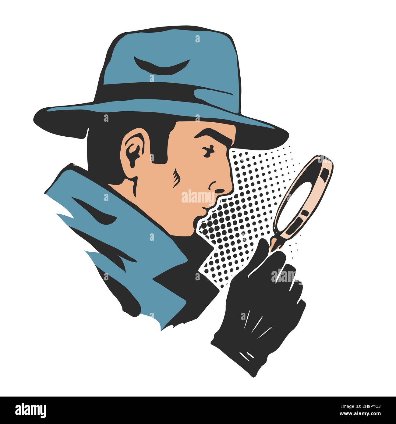 Male detective with a magnifying glass in his hand. On the head is a ...