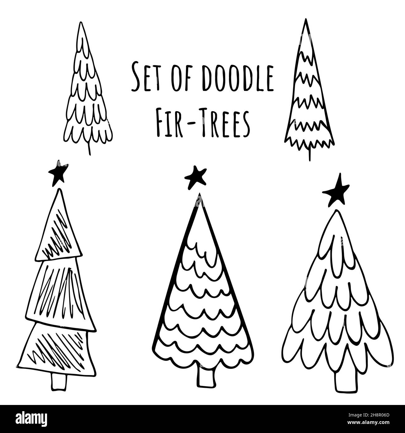 Set of Hand drawn stylized christmas trees in doodle style. Stock ...