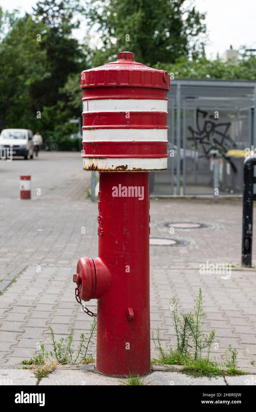 Red and white painted fire hydrant in a residential area Stock Photo ...