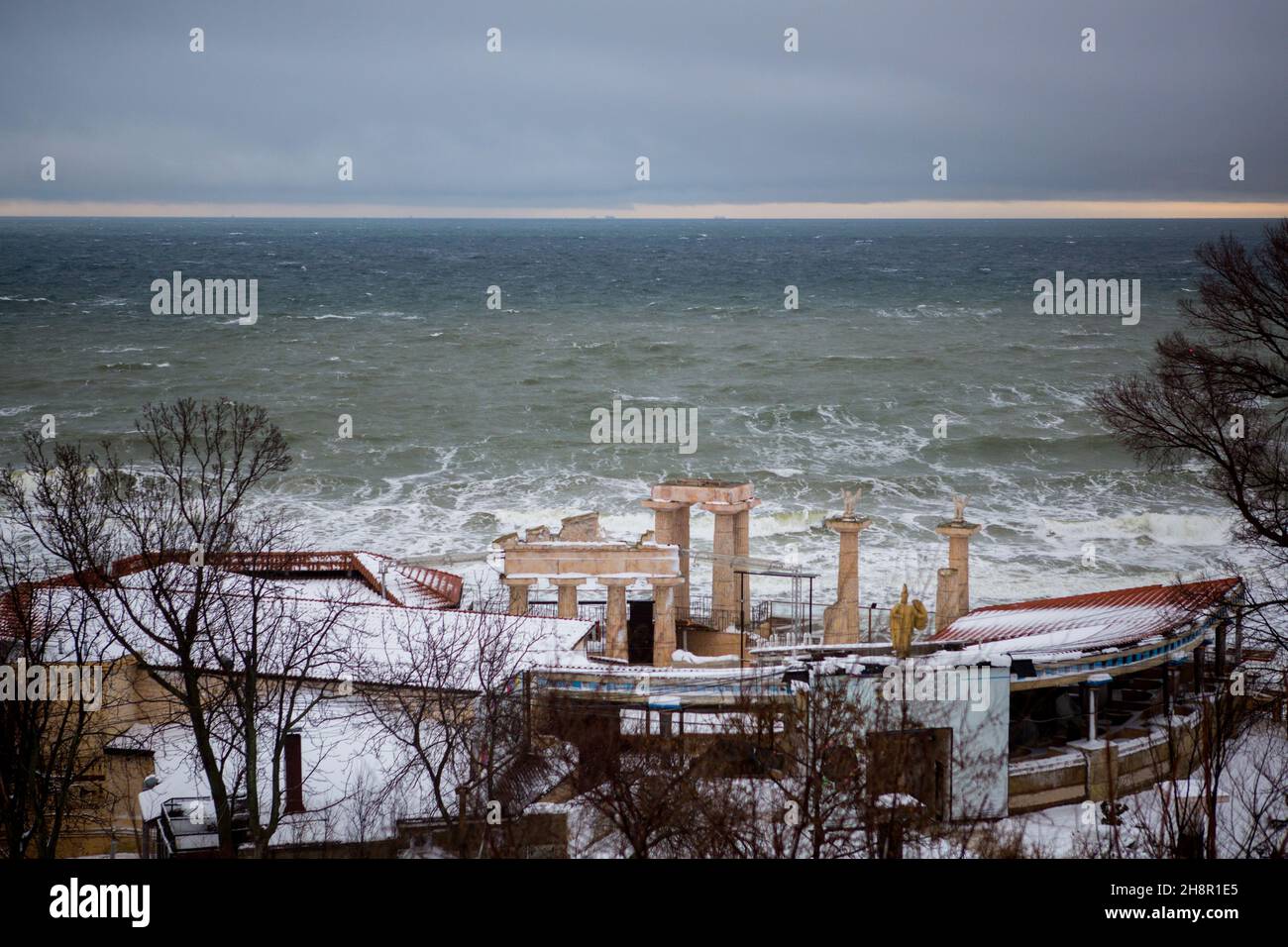 winter seascape during a storm. storm on shore in winter. strong storm ...