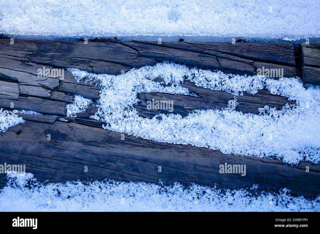 Texture of a gray wooden plank chained in ice. Winter background. A ...