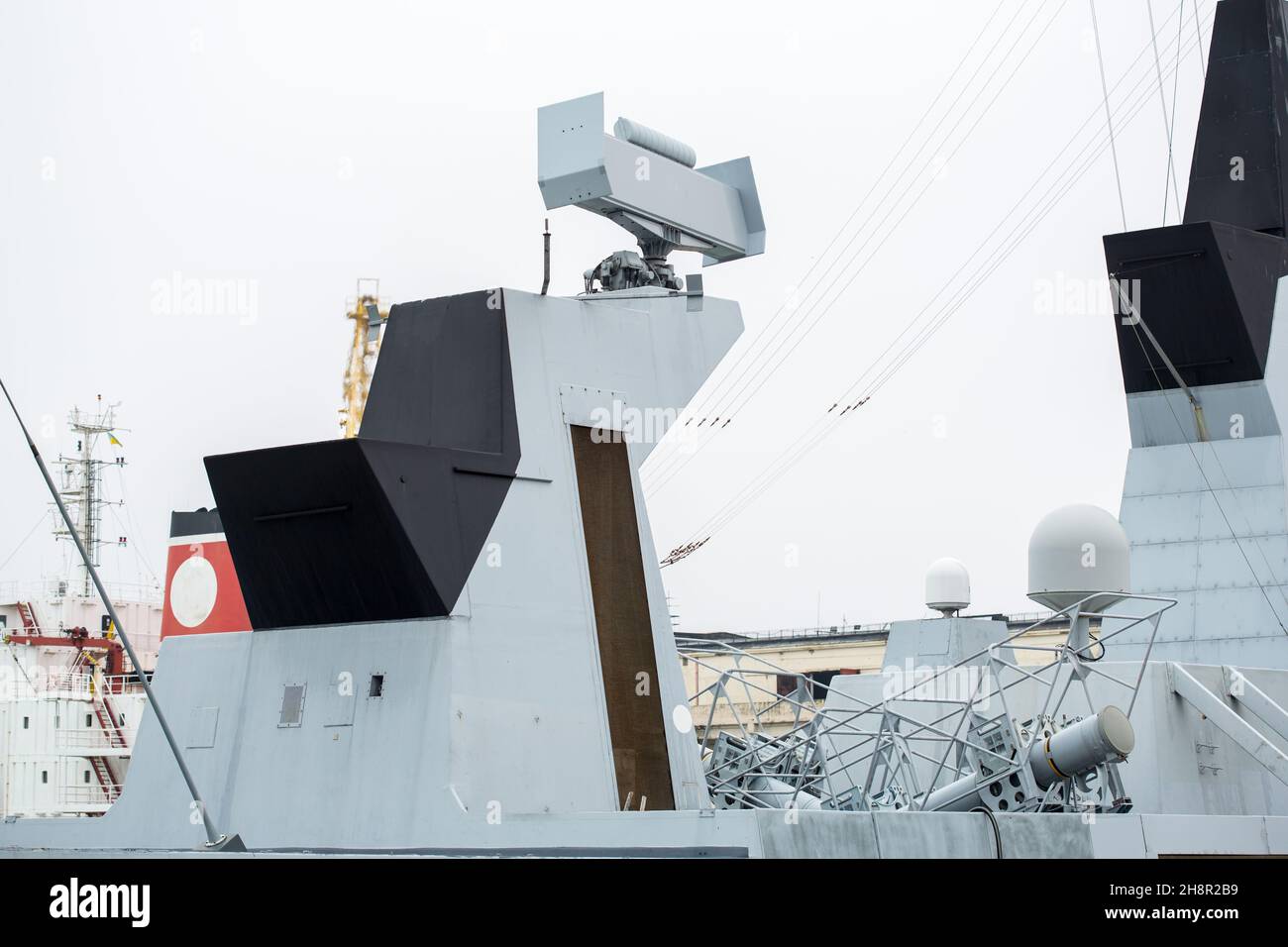 ship locator systems close-up. Radio tower of military ship. Combat ...