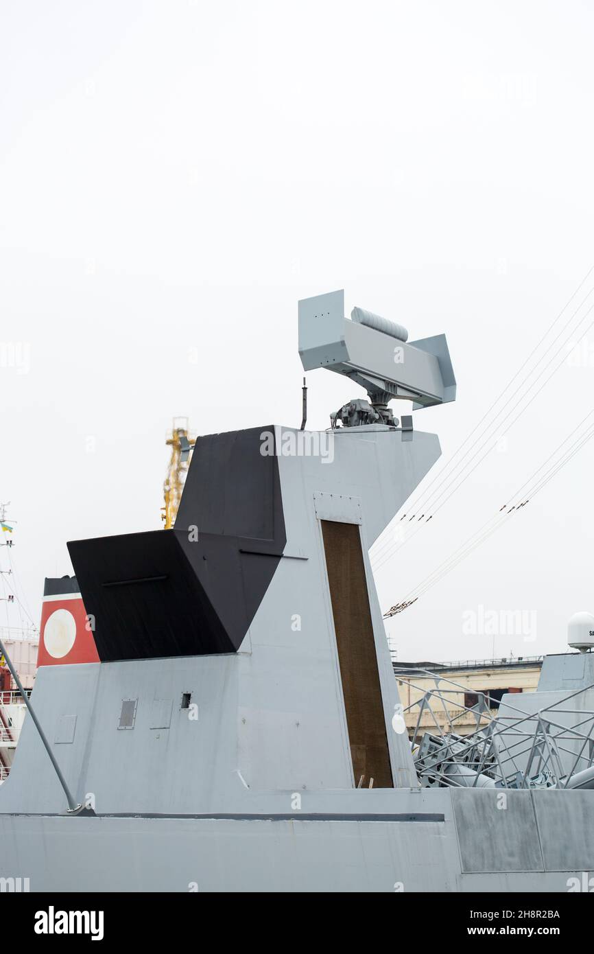 ship locator systems close-up. Radio tower of military ship. Combat ...