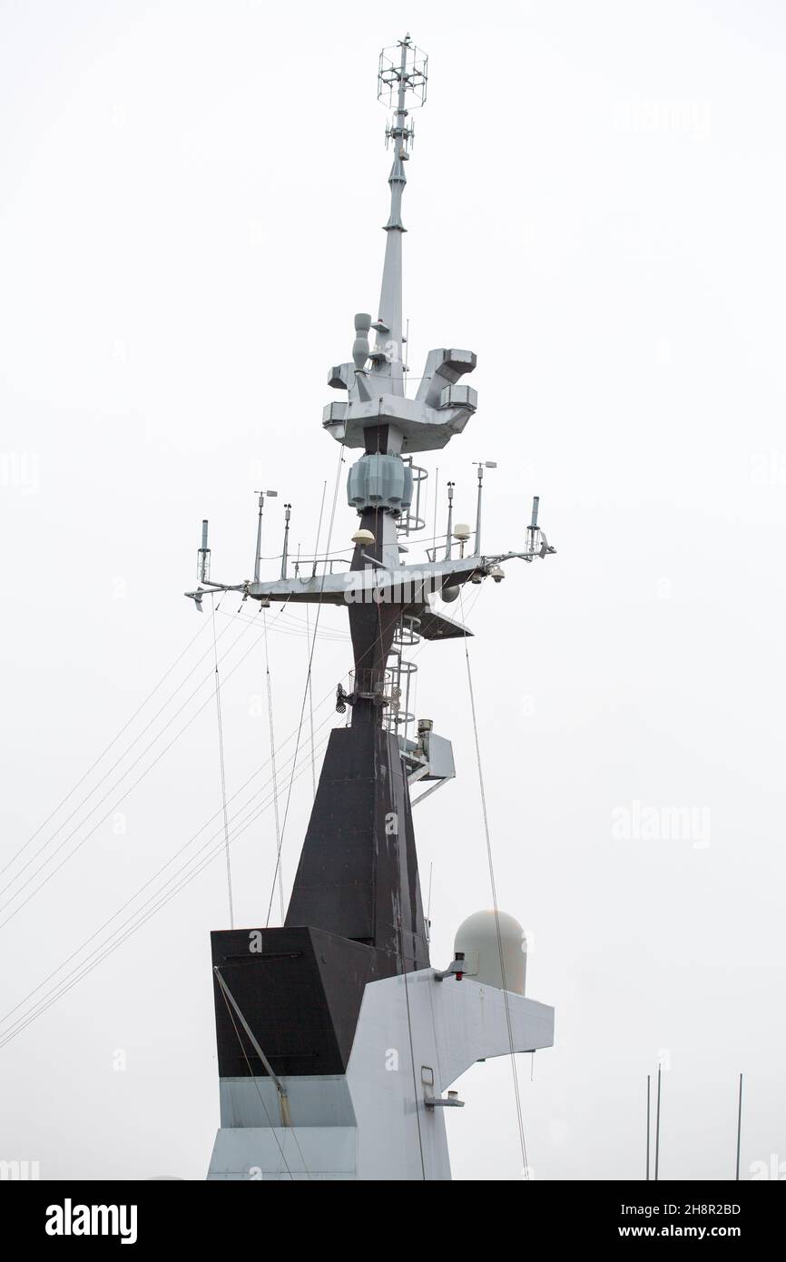 ship locator systems close-up. Radio tower of military ship. Combat ...