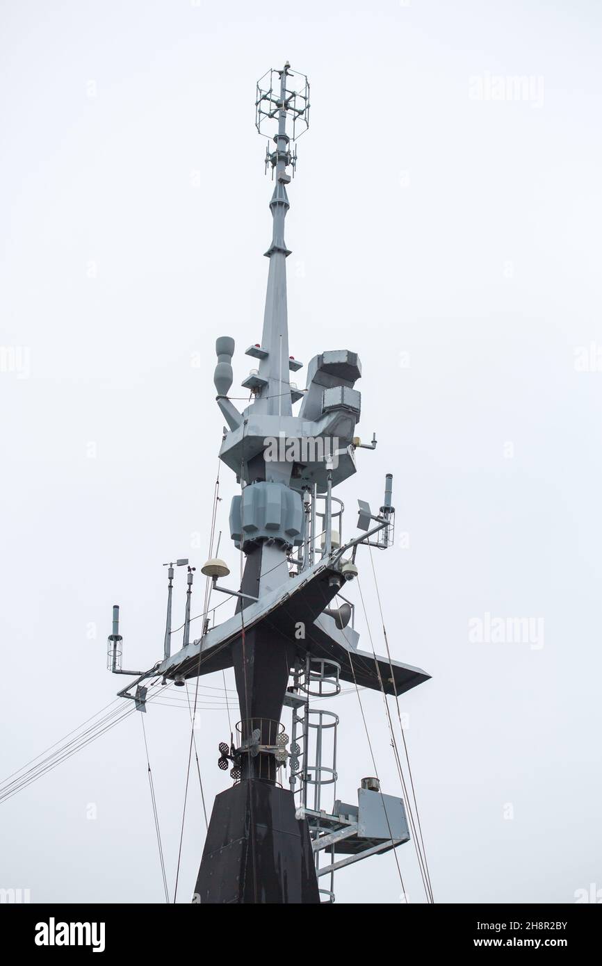 ship locator systems close-up. Radio tower of military ship. Combat ...