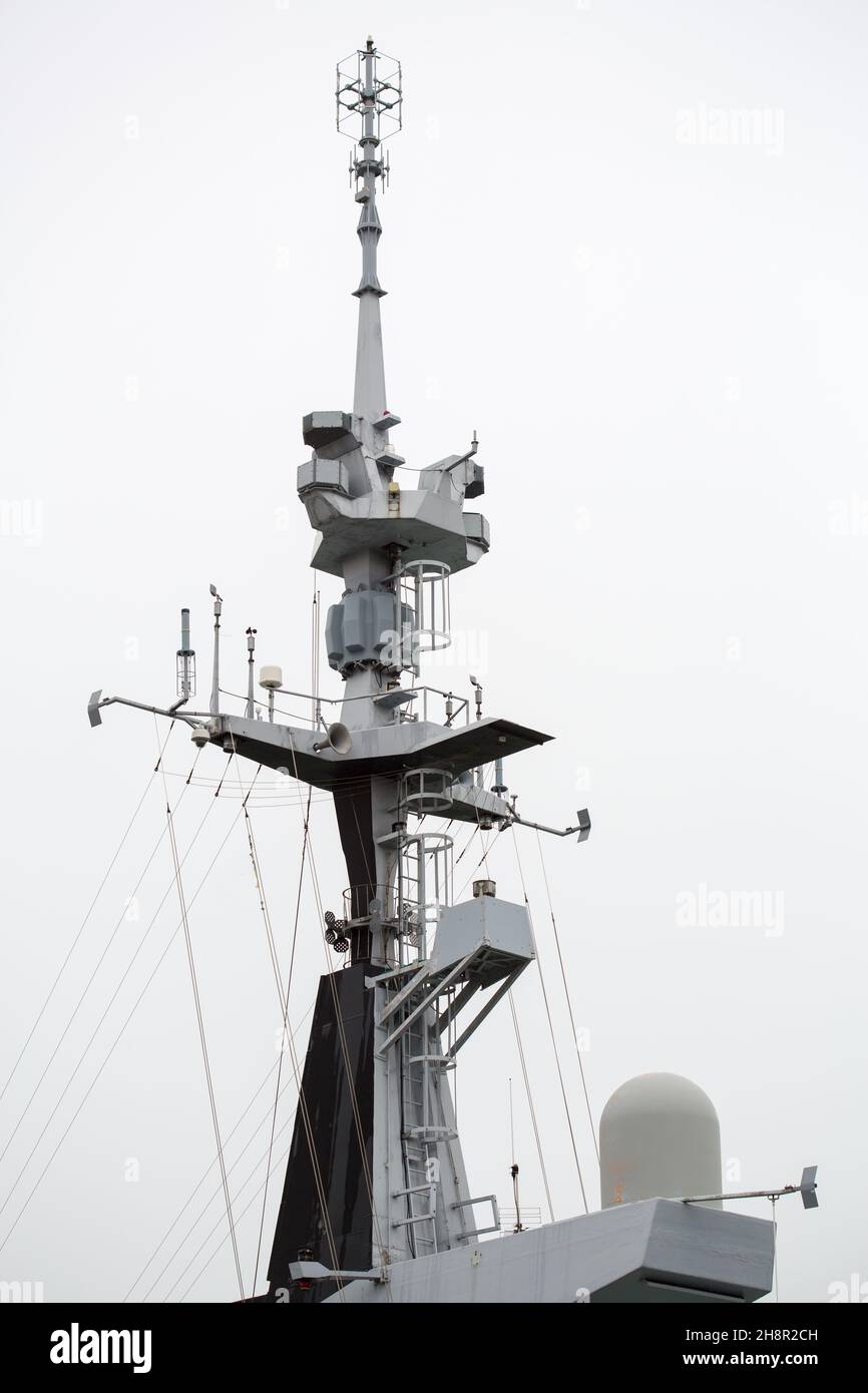 ship locator systems close-up. Radio tower of military ship. Combat ...