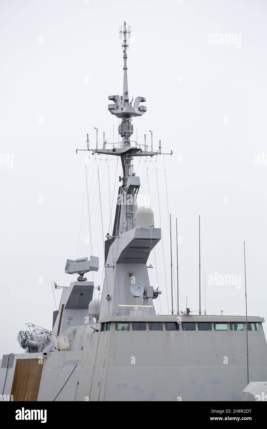 ship locator systems close-up. Radio tower of military ship. Combat ...