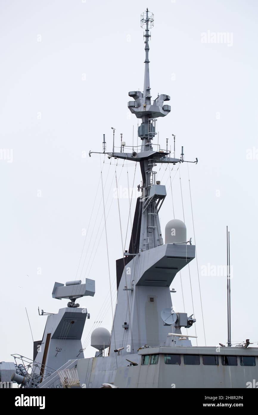 ship locator systems close-up. Radio tower of military ship. Combat ...