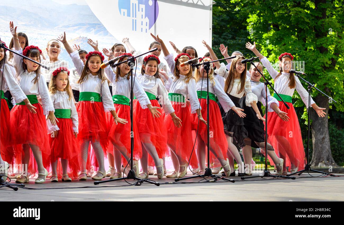 children's student choir sings on stage with an attractive finale Stock ...