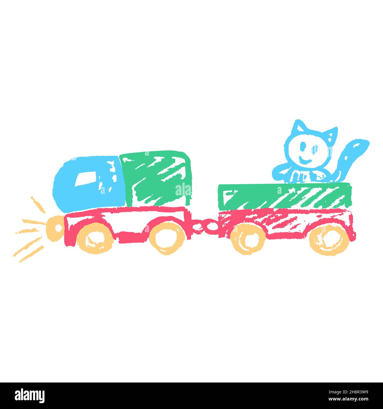 Train with a cat. Icon in hand draw style. Drawing with wax crayons ...