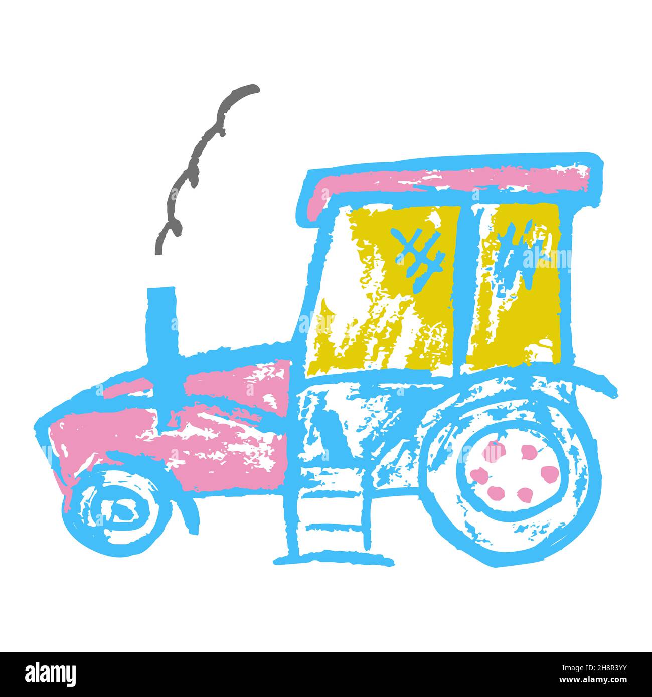 Tractor. Icon in hand draw style. Drawing with wax crayons, colored ...