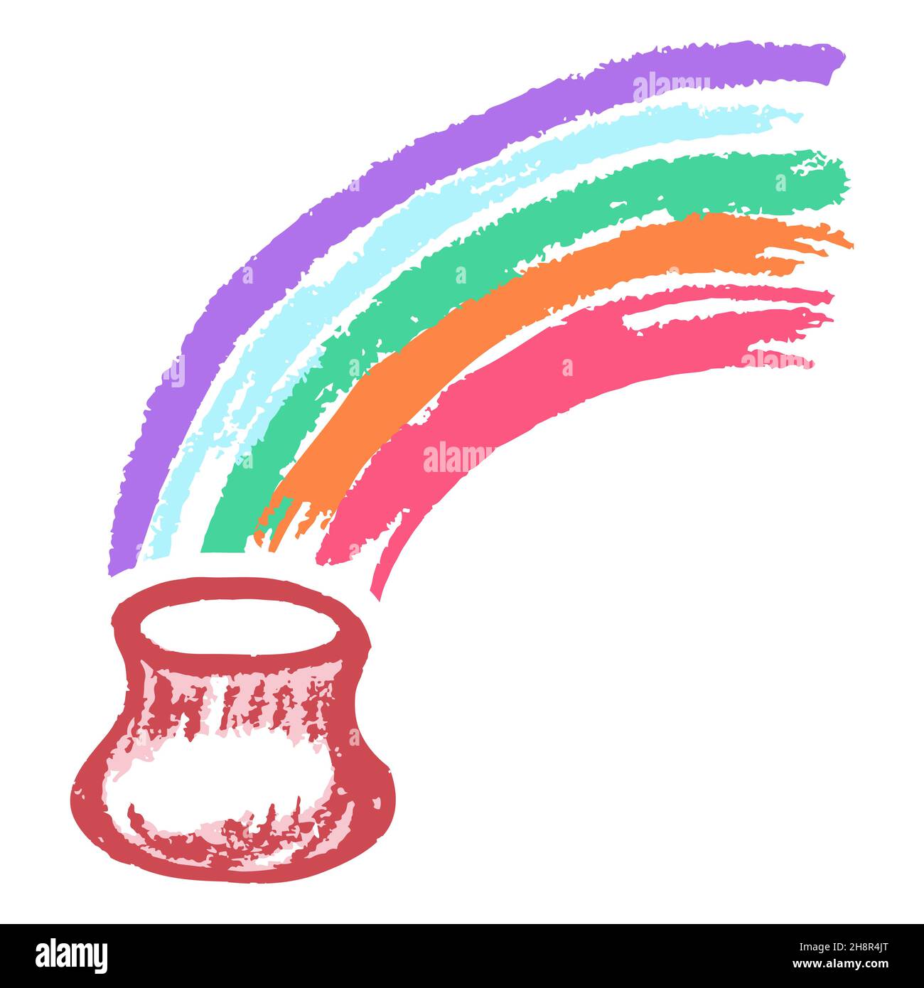Pot with rainbow. Icon in hand draw style. Drawing with wax crayons ...