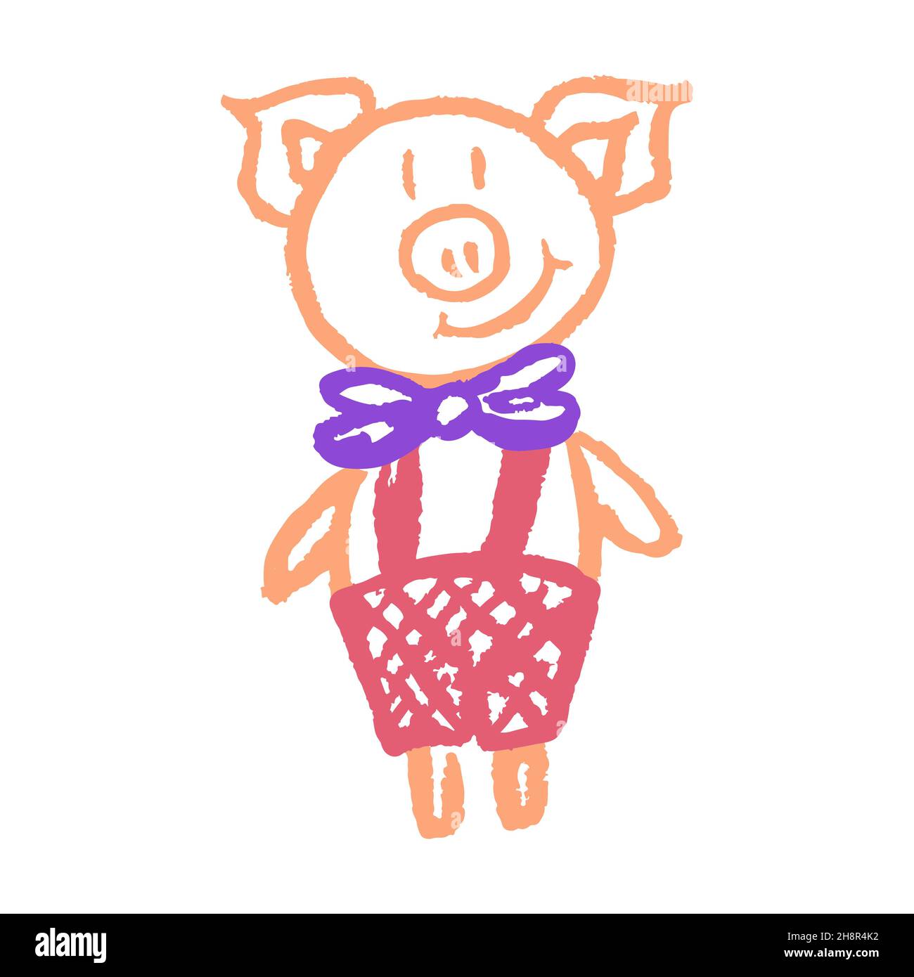 Pig, piglet. Icon in hand draw style. Drawing with wax crayons, colored ...