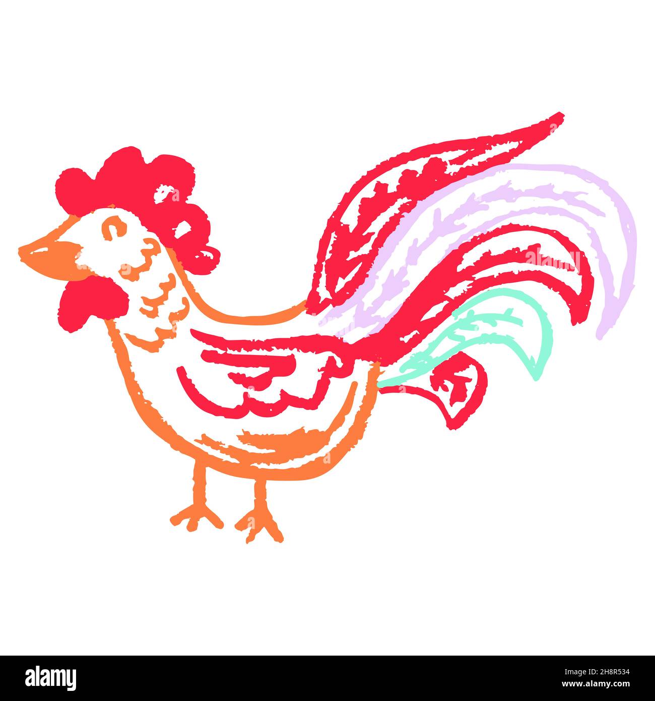 Rooster. Icon in hand draw style. Drawing with wax crayons, colored ...