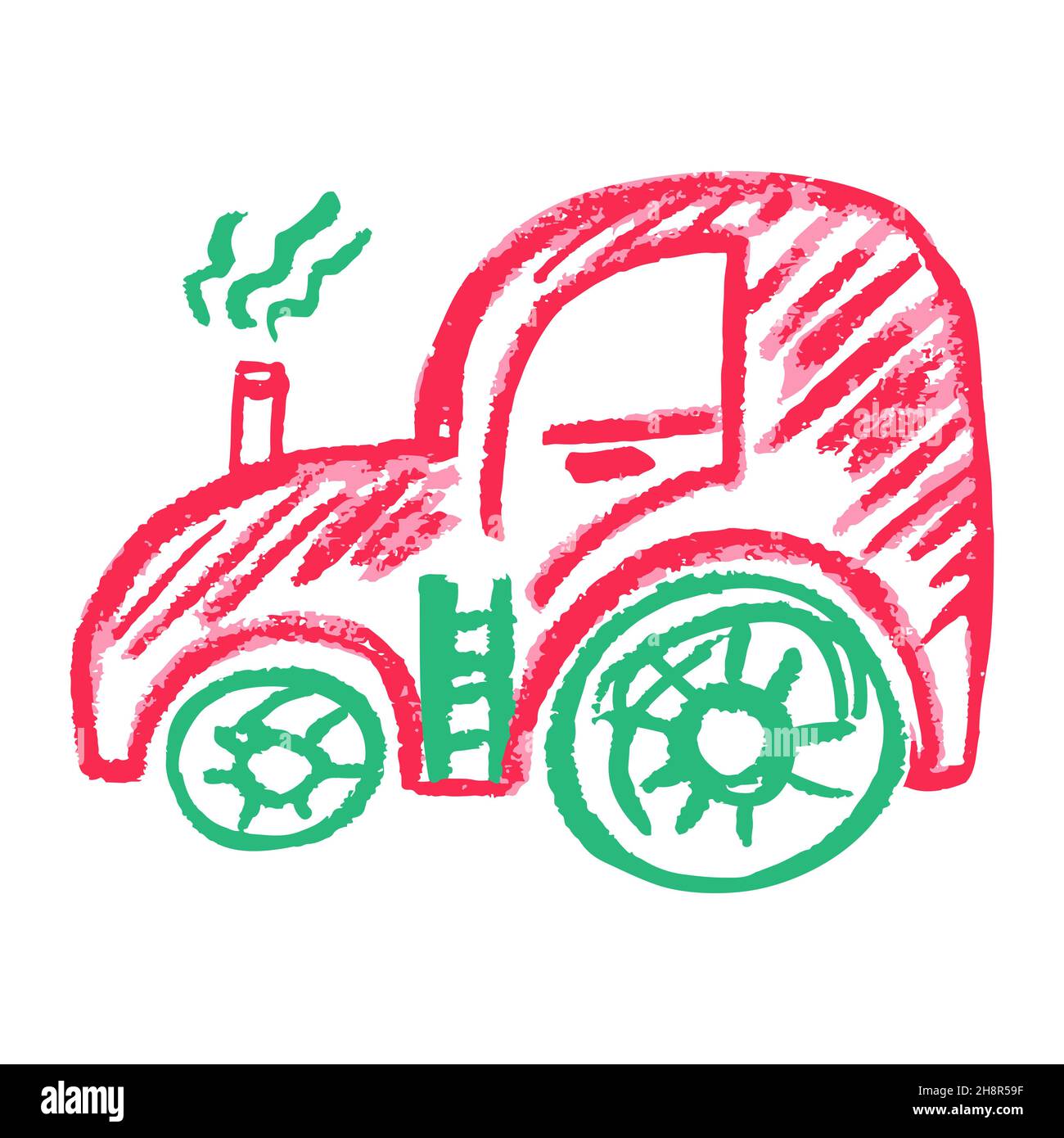Tractor. Icon in hand draw style. Drawing with wax crayons, colored ...