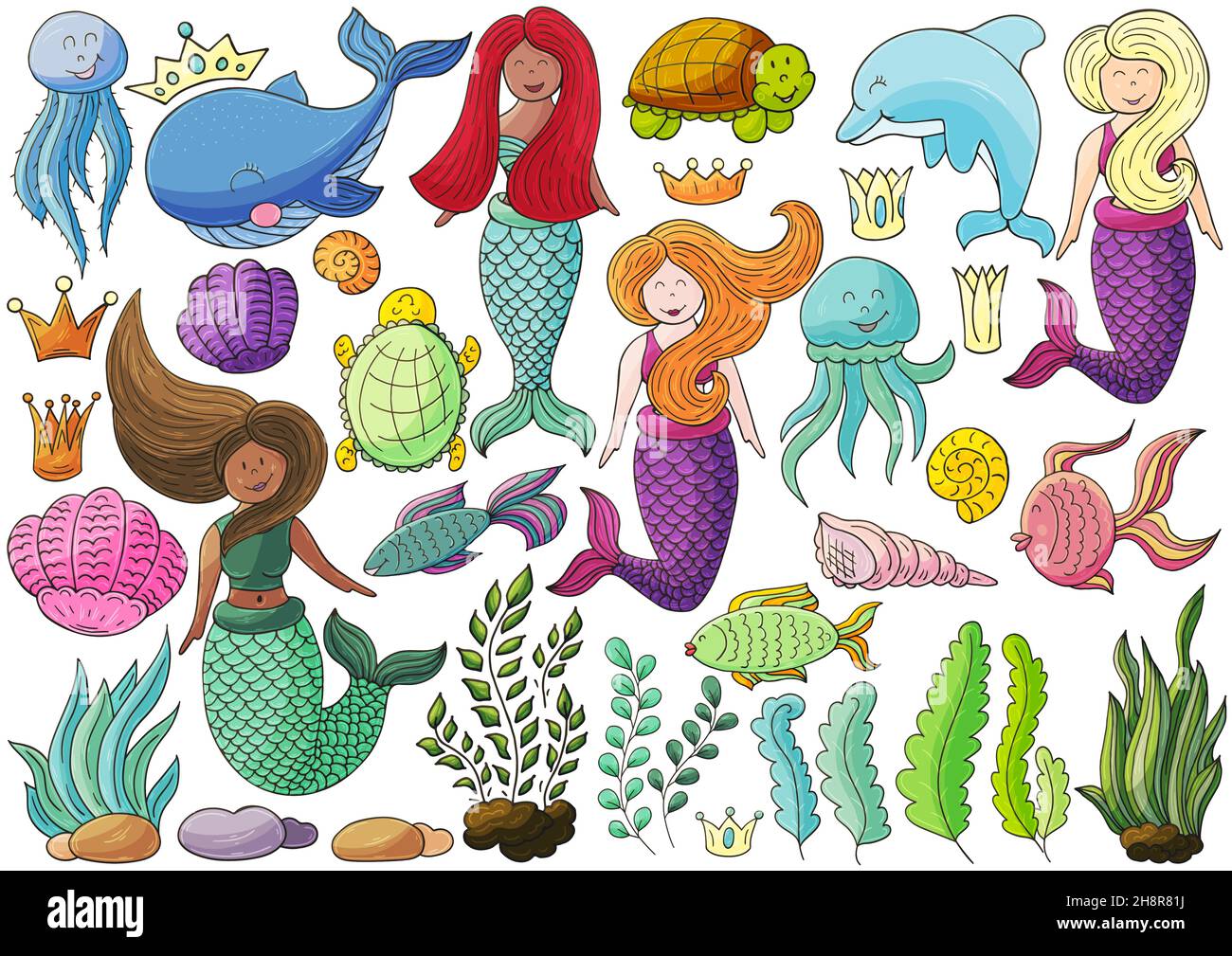 Big set of illustrations on the marine theme. Mermaids and sea elements ...