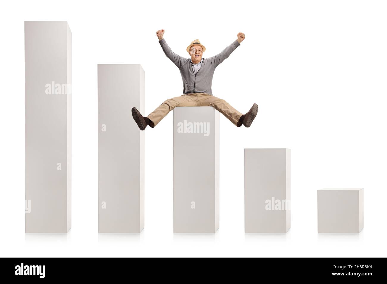 Excited elderly man sitting on a graph chart isolated on white ...