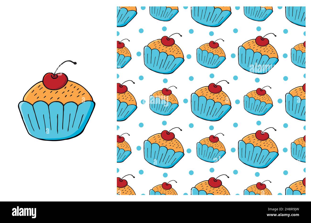 Cupcake. Blue Set of element and seamless pattern. Ideal for children's ...