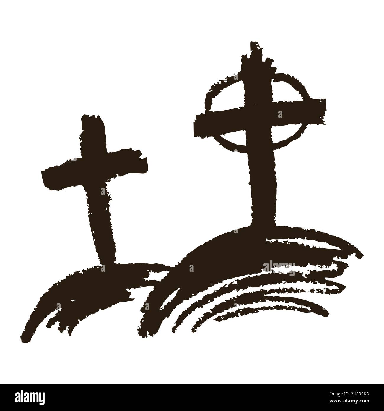 Grave cross. Icon in hand draw style. Drawing with wax crayons, colored ...