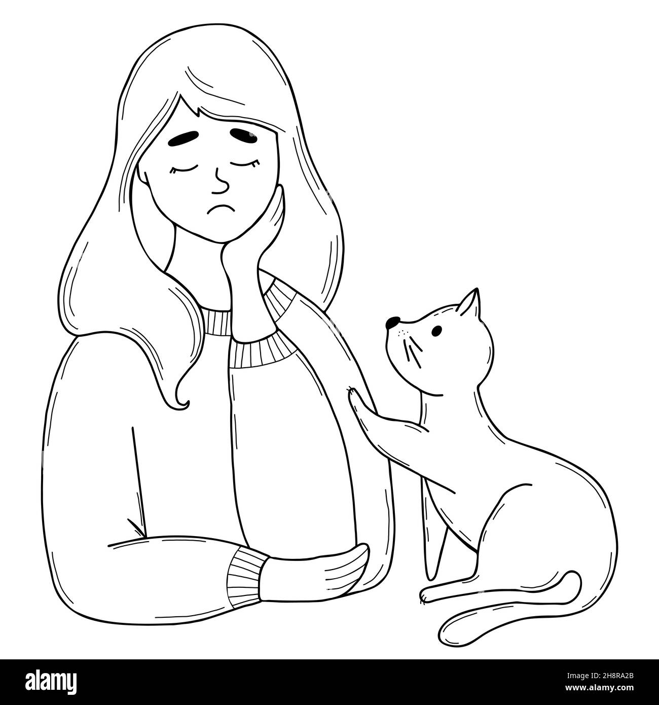 Cute sad lonely girl with cat. Vector illustration. Linear hand drawing ...