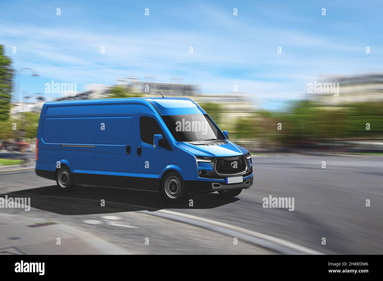 Transportation service with a blue van moving fast on the road Stock ...