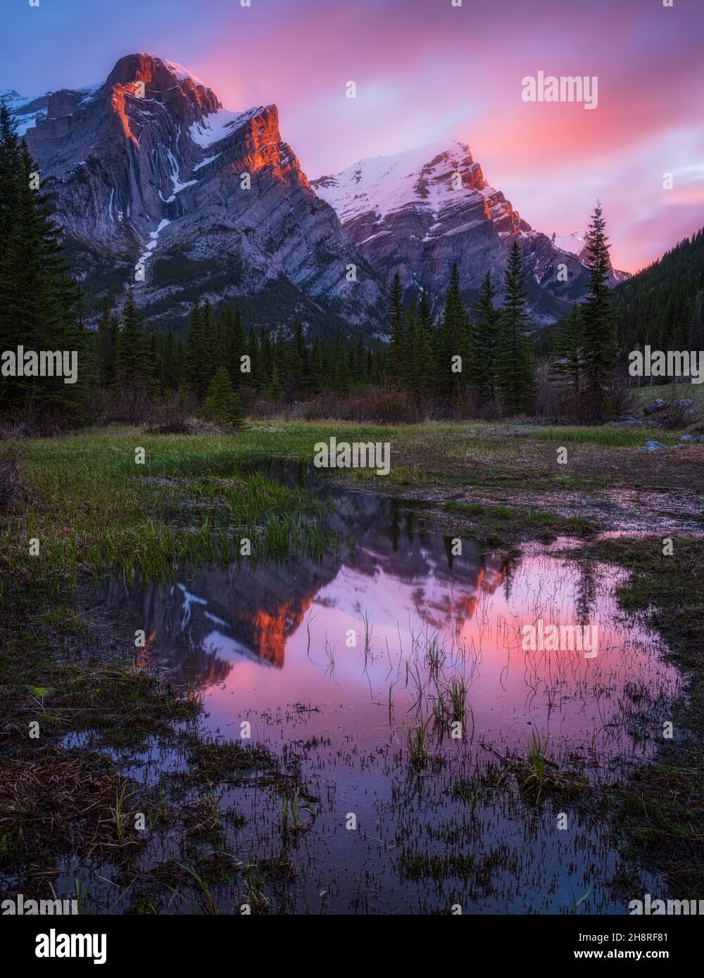 Long Exposure Red Sky Sunrise with Reflection Mount Kidd, Kananaskis ...