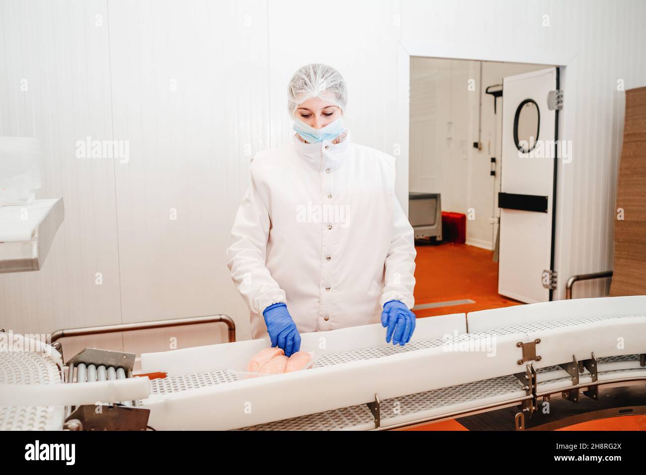 Meat processing plant.Industrial equipment at a meat factory.Modern ...