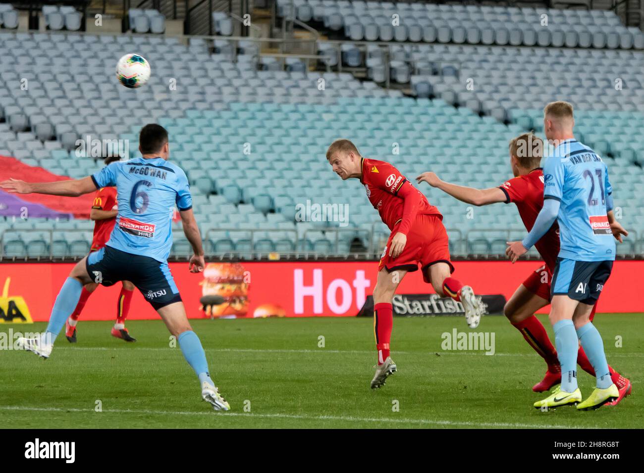 Adelaide United defender Jordan Elsey (23) heads in a goal Stock Photo ...