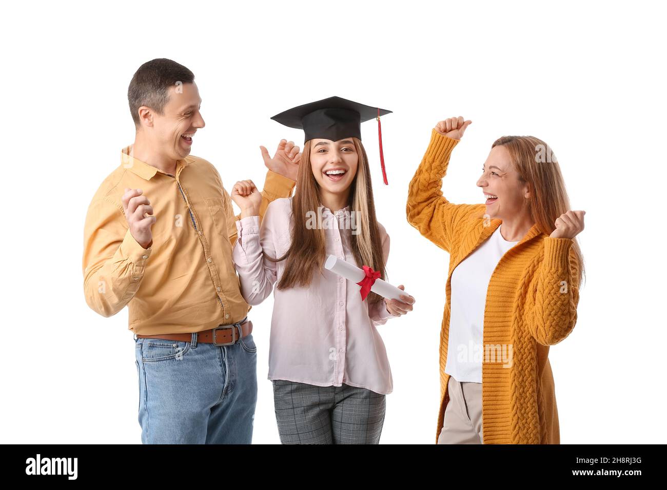 Happy female graduation student with her parents on white background ...
