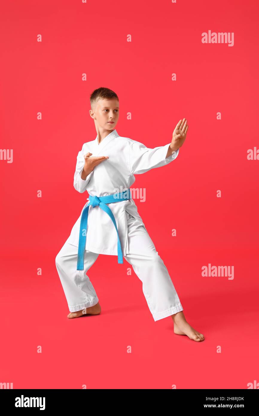 Little boy practicing karate on color background Stock Photo - Alamy
