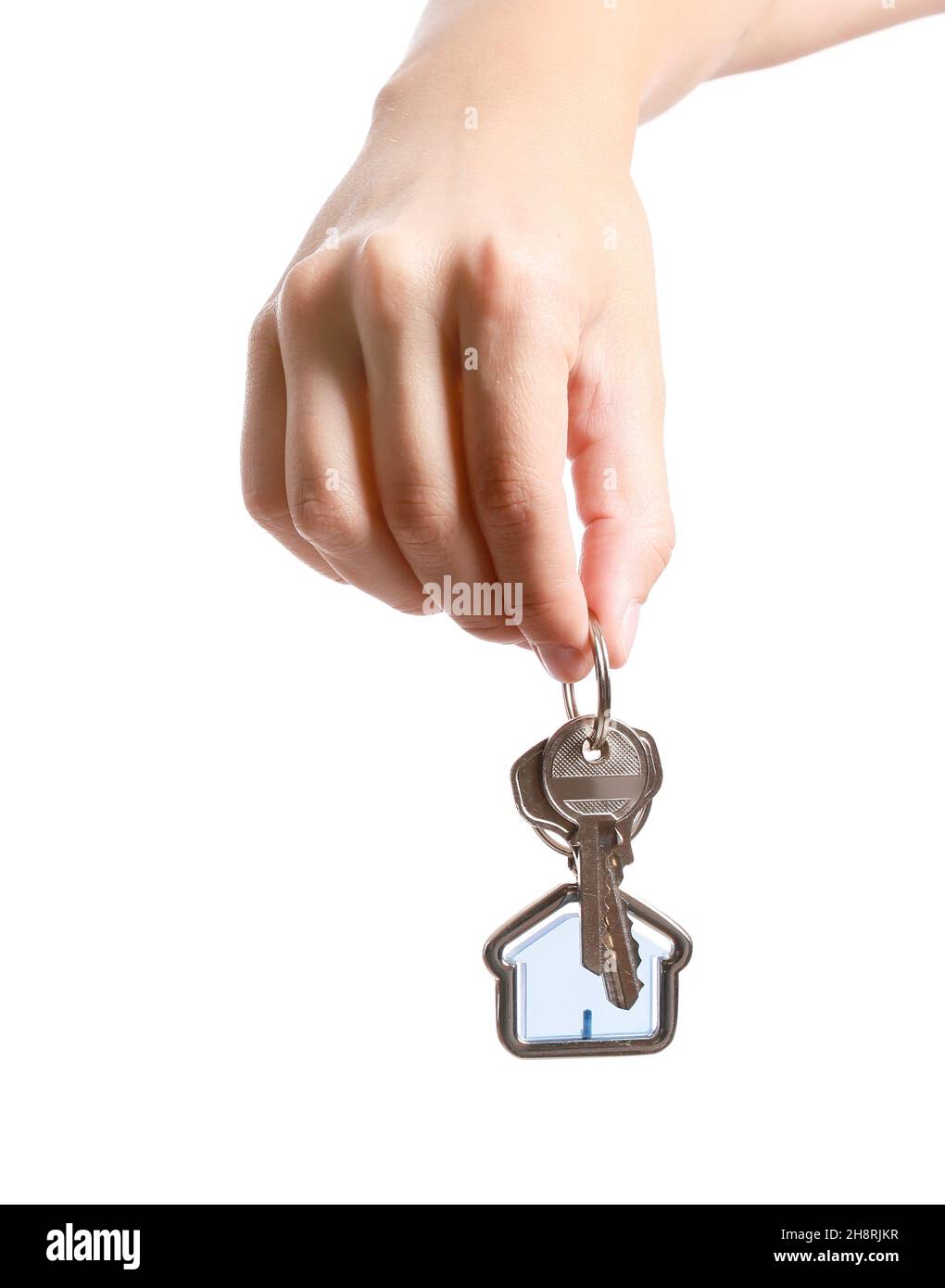 Woman with key from house on white background Stock Photo - Alamy