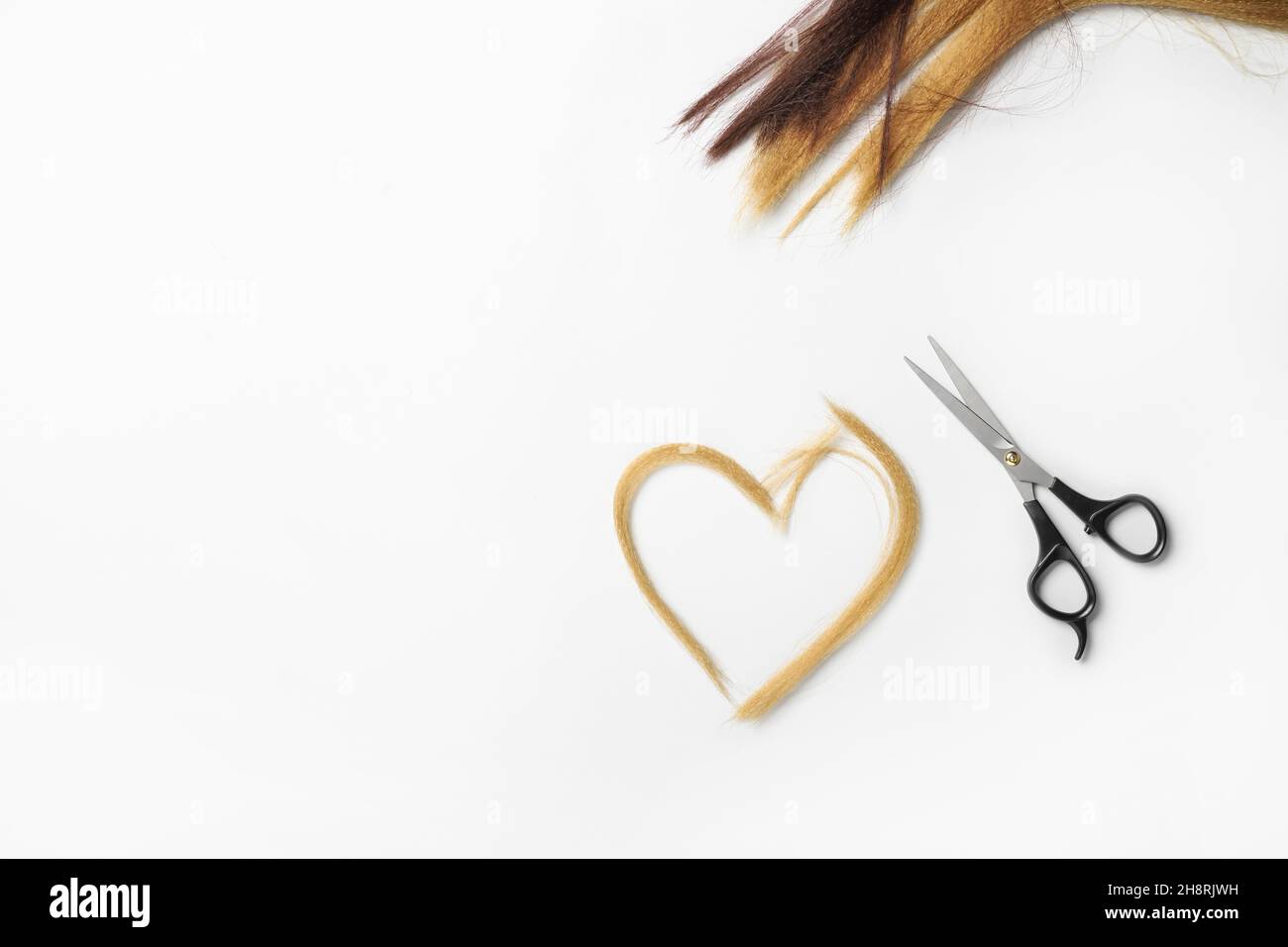 Composition with scissors and cut hair on white background Stock Photo ...