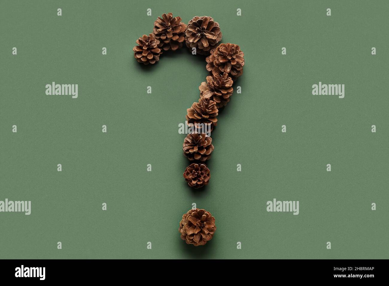 Question mark made of pine cones on green background Stock Photo - Alamy