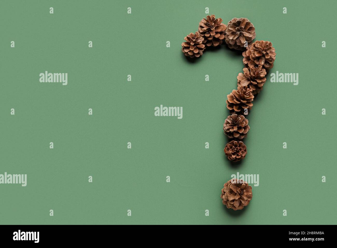 Question mark made of pine cones on green background Stock Photo - Alamy