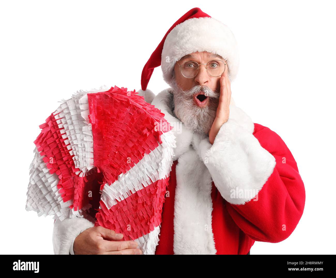 Surprised Santa Claus with candy cane pinata isolated on white Stock ...