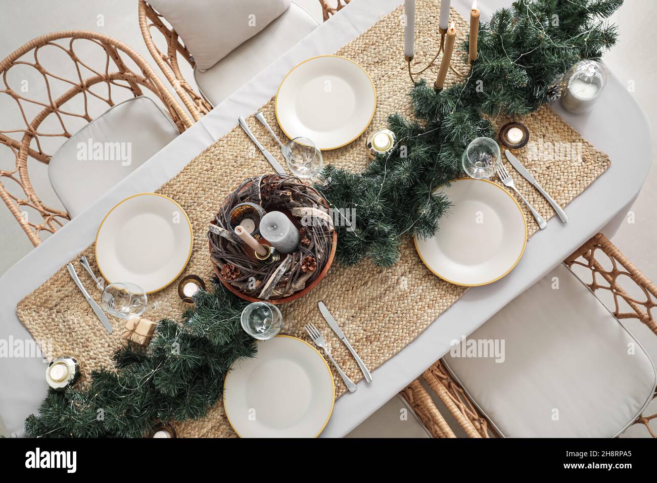 Dining table with beautiful setting for Christmas celebration, top view ...