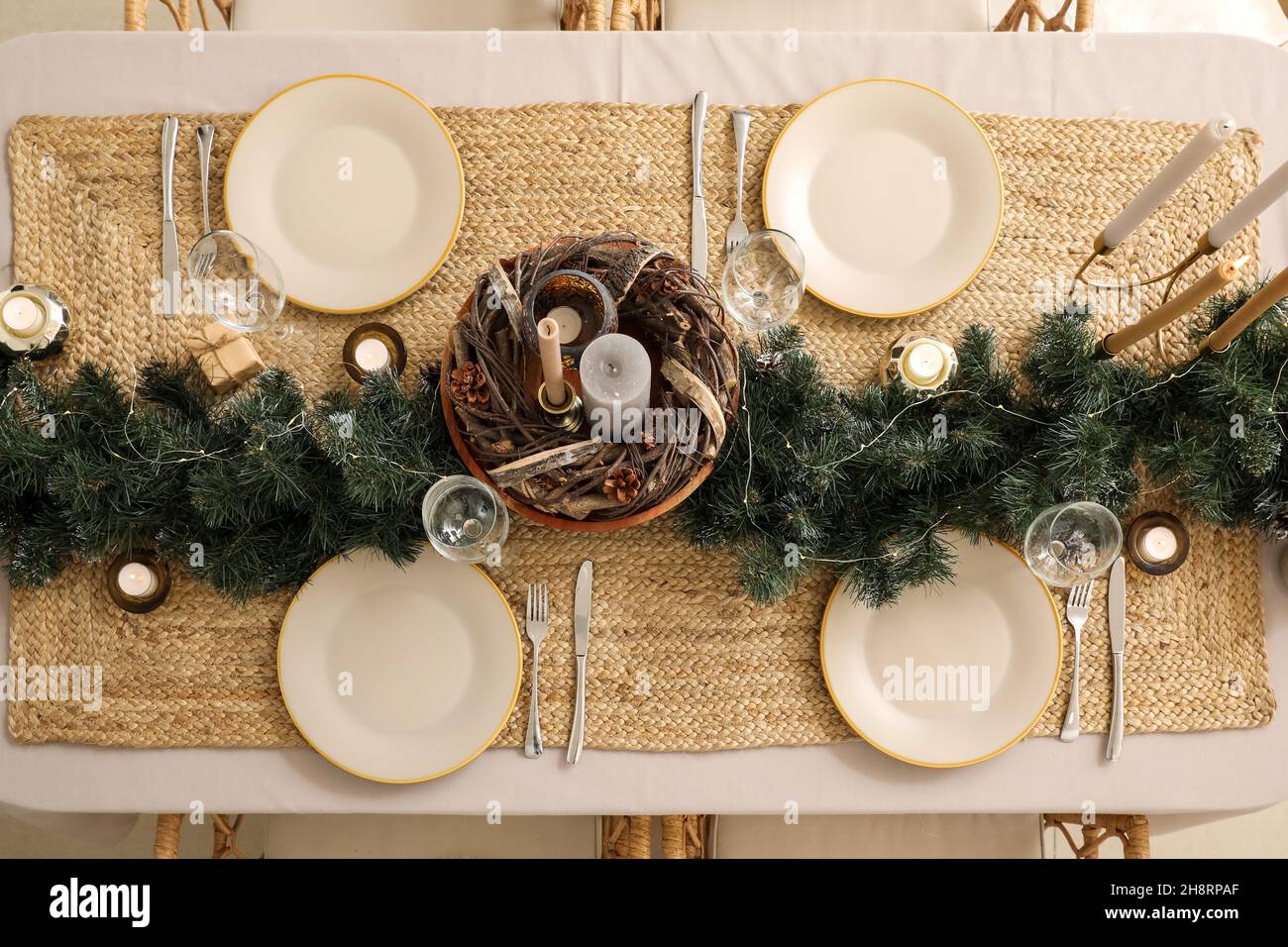 Dining table with beautiful setting for Christmas celebration, top view ...