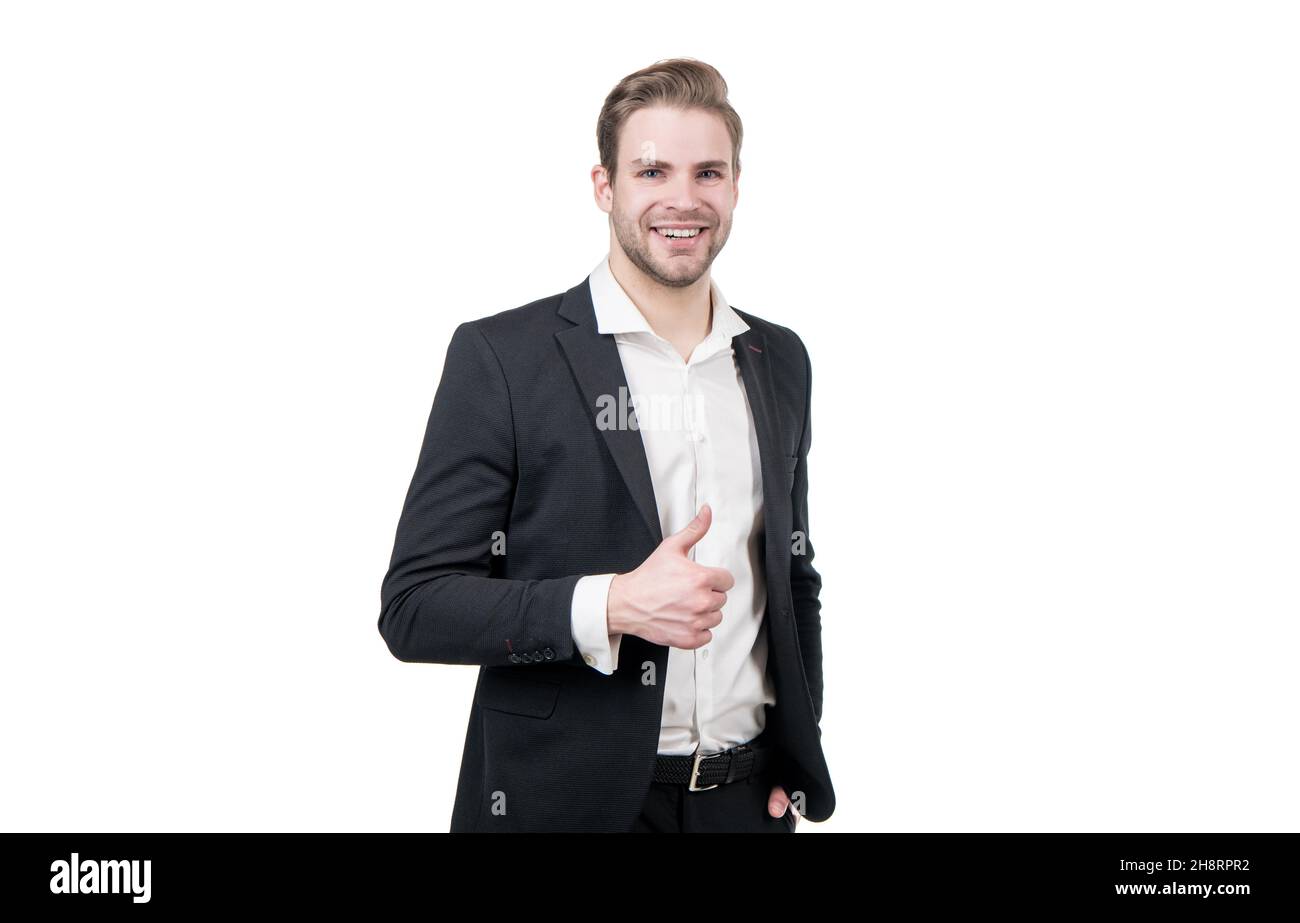 Executive approval. Happy manager give thumbs up. Approval hand gesture ...