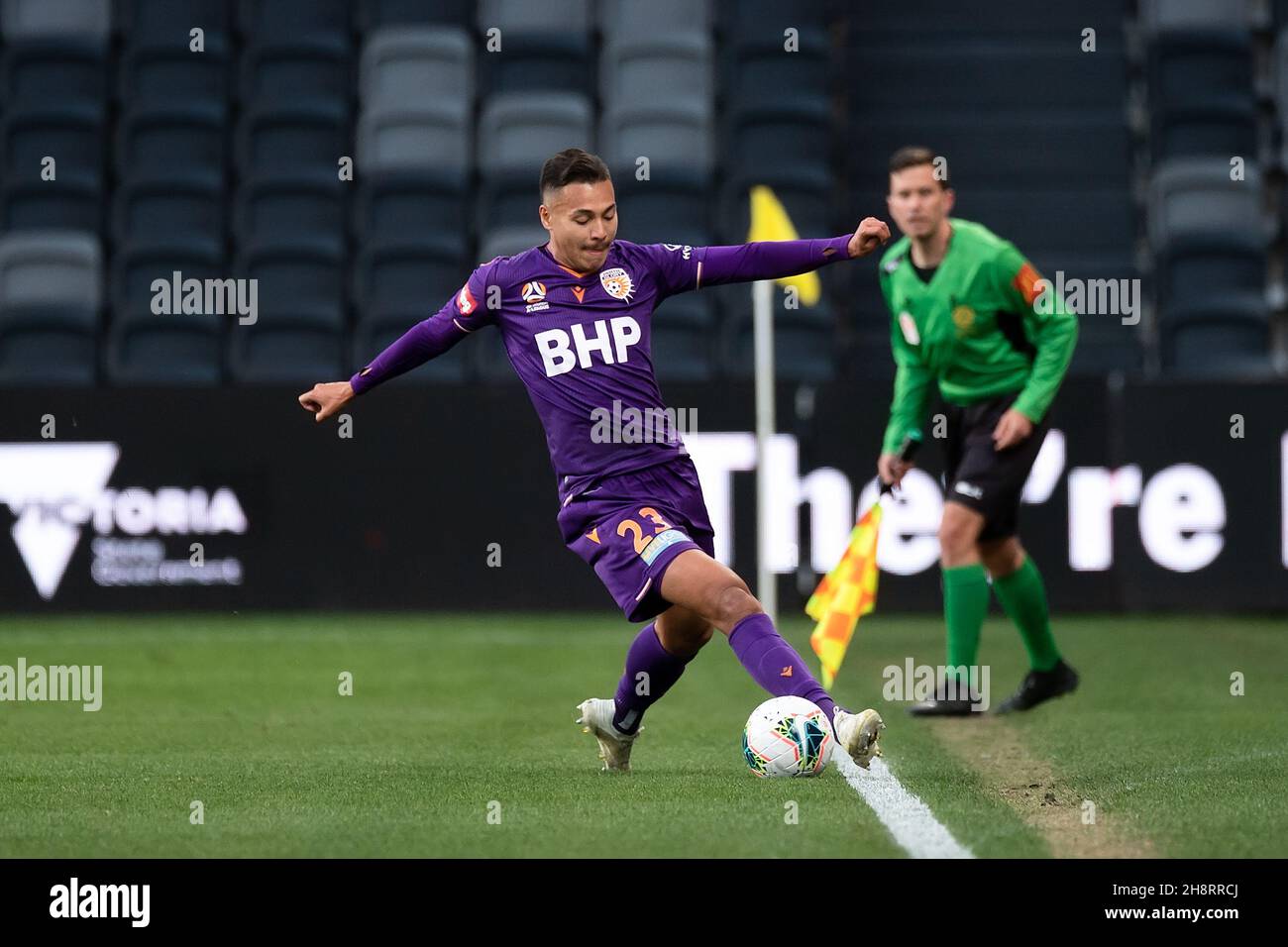 Perth Glory forward Dane Ingham (23) keeps the ball in Stock Photo - Alamy