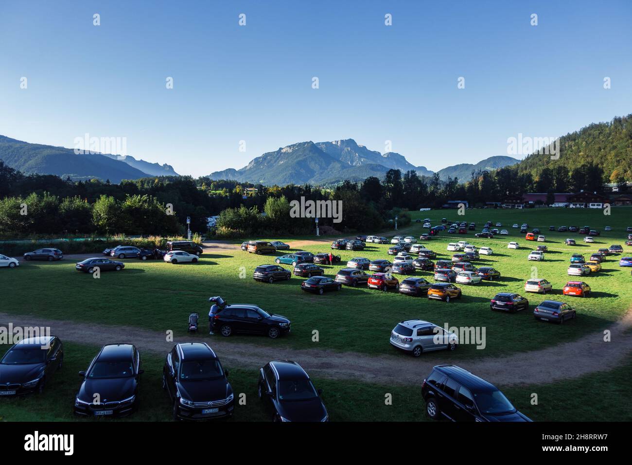 Lot of cars parked on the green grass surrounded by trees Stock Photo ...