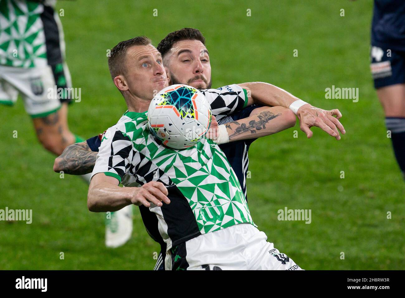Western United forward Besart Berisha (18) controls the ball on his chest while under pressure ...