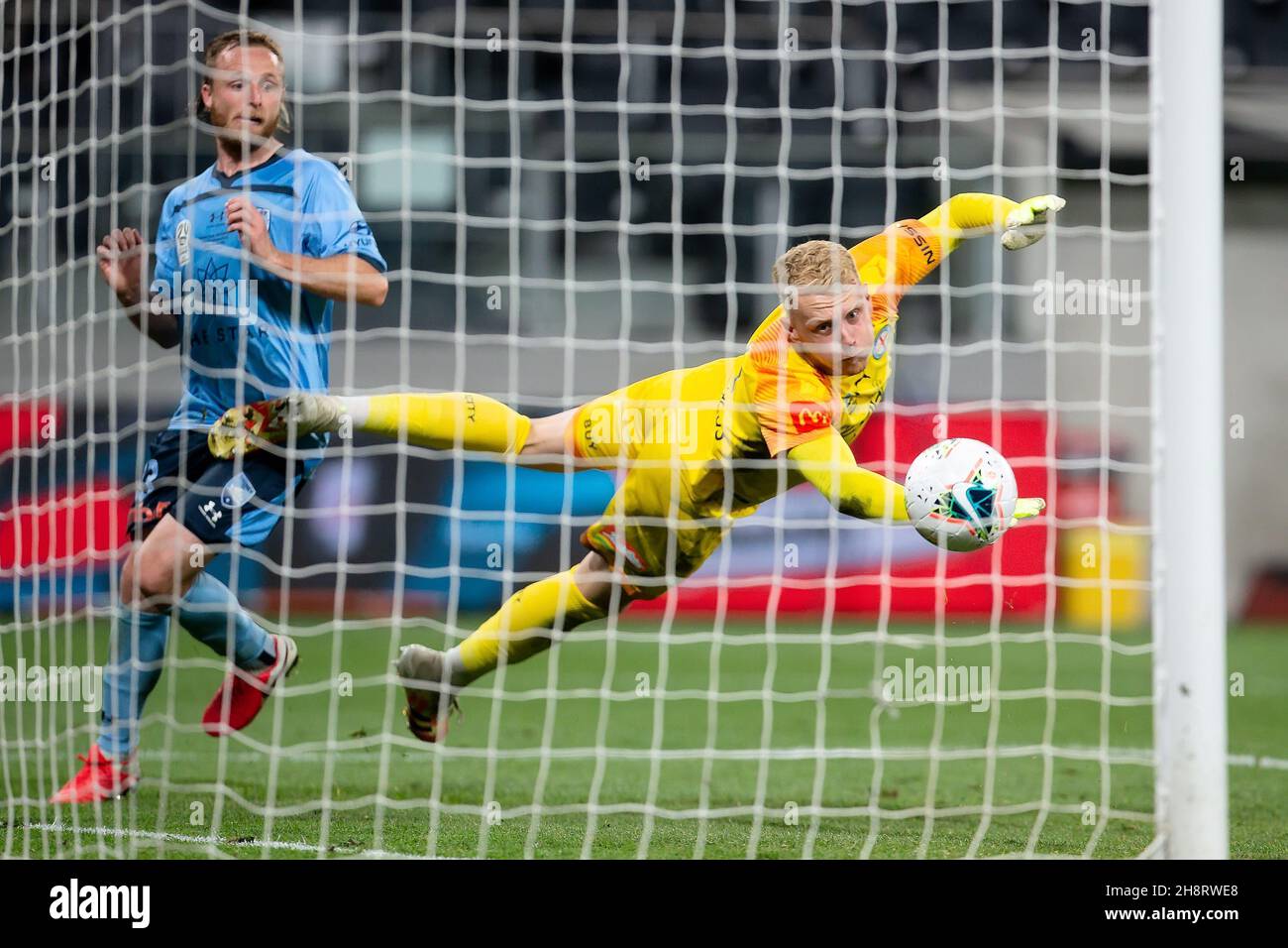 Melbourne City goalkeeper Thomas Glover (1) watches Sydney FC defender ...