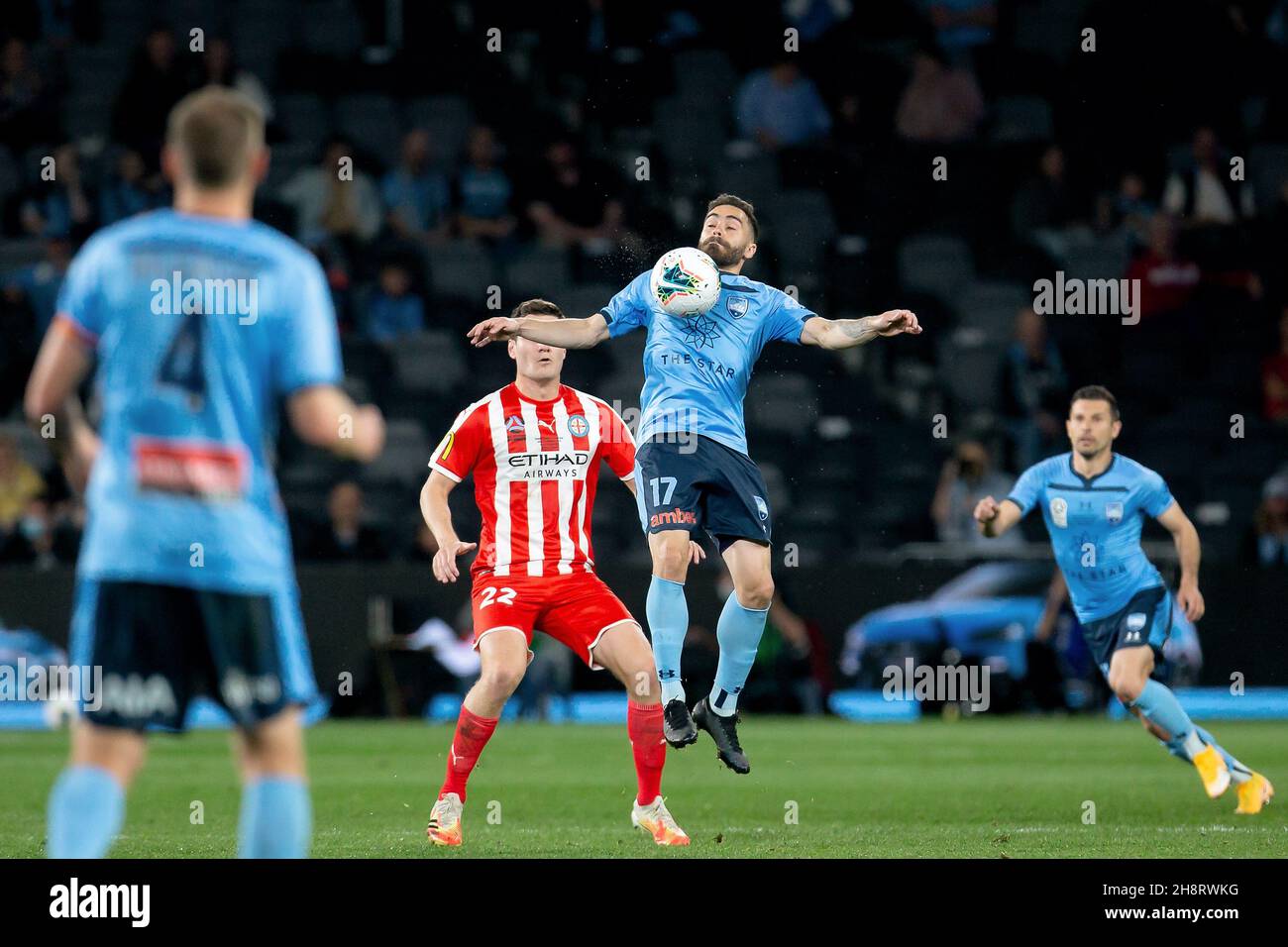 Sydney FC midfielder Anthony Caceres (17) controls the ball on his ...