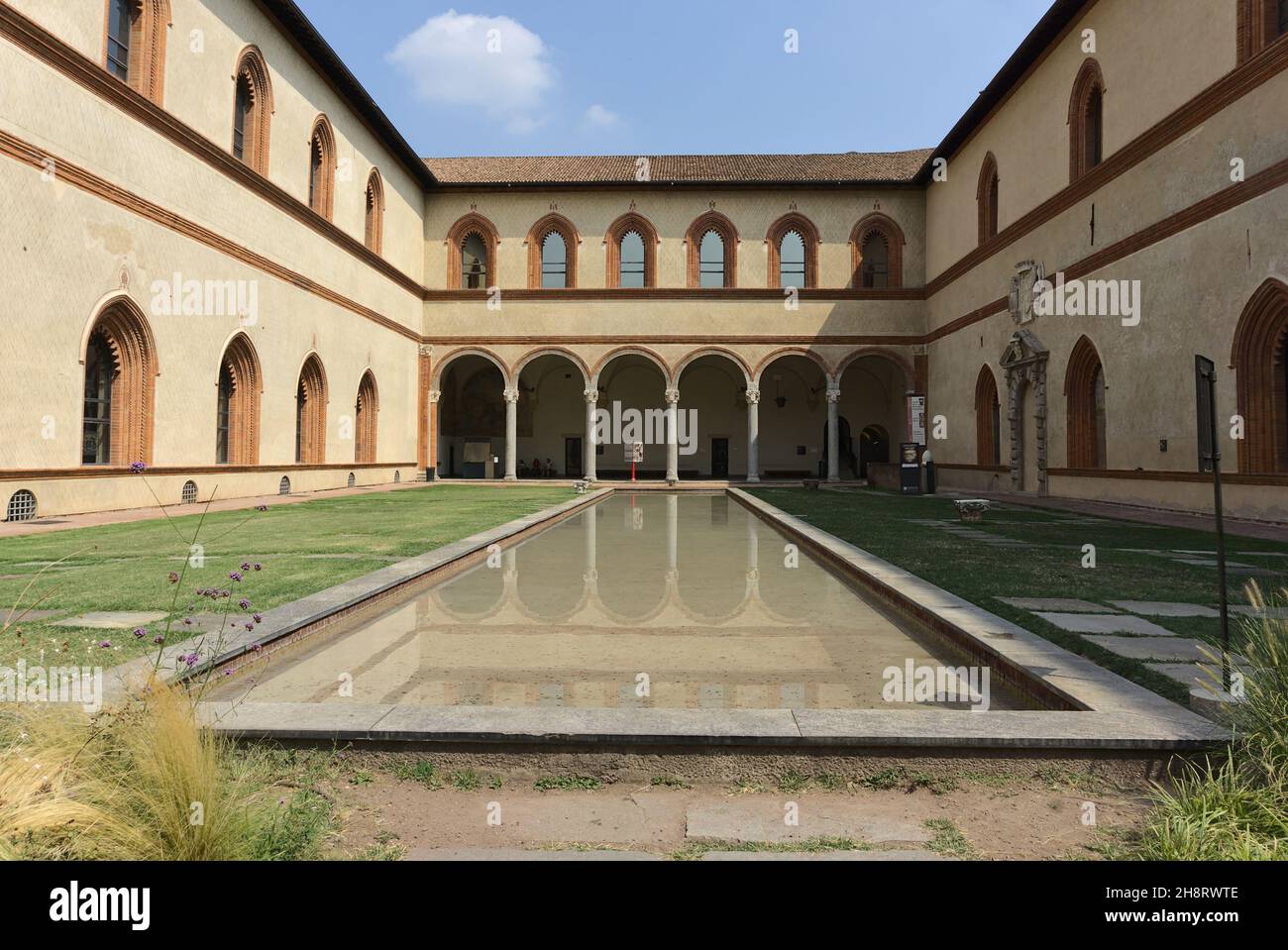 MILAN, ITALY - Sep 03, 2019: An artificial pool in the courtyard of ...