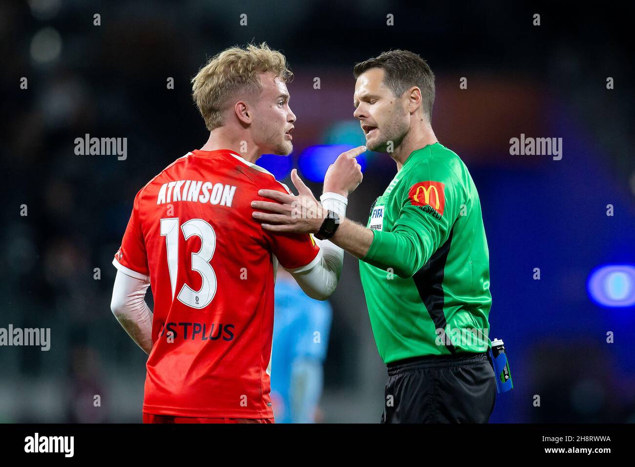 Melbourne City midfielder Nathaniel Atkinson (13) argues with referee ...