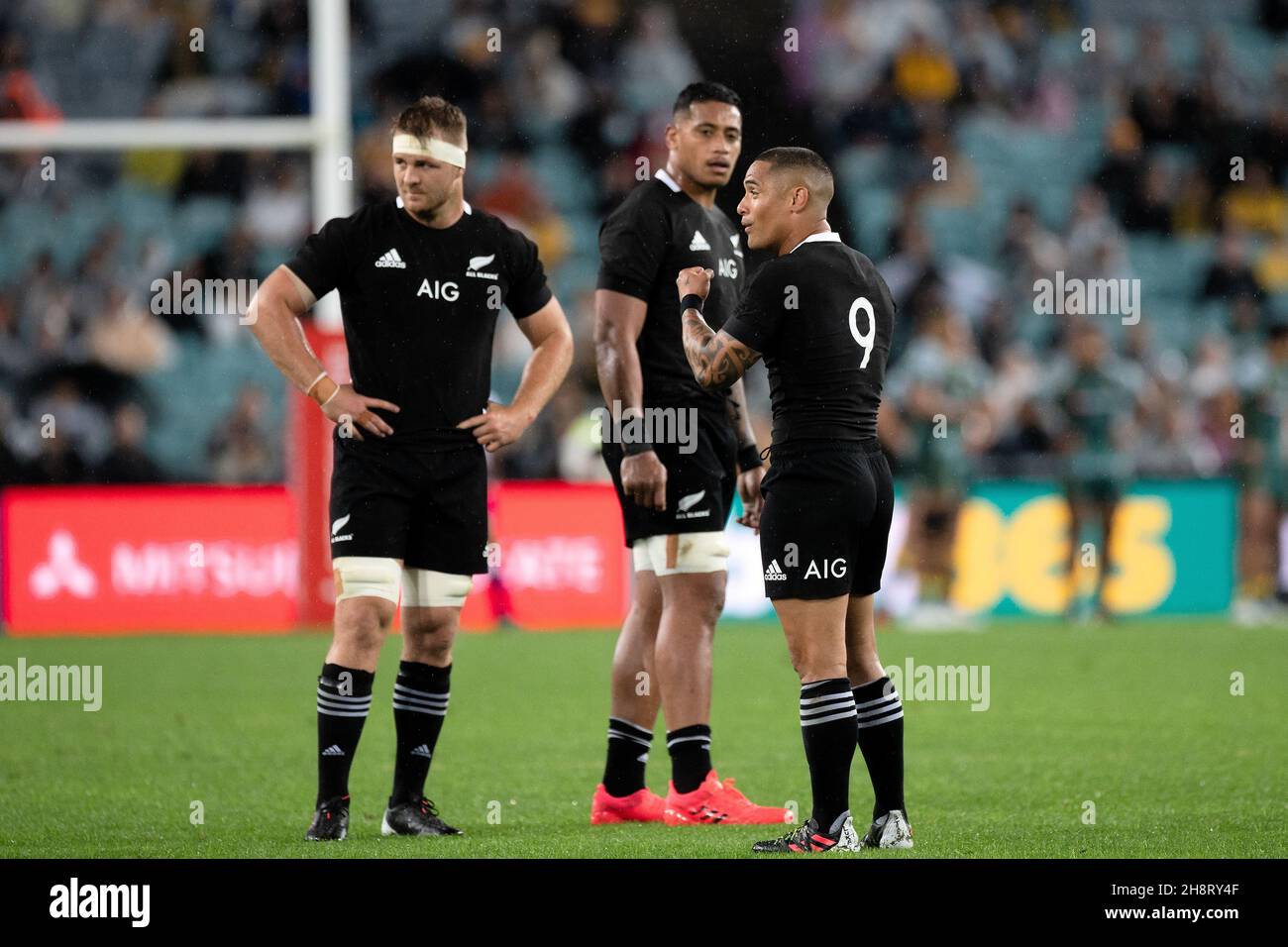 Aaron Smith of the All Blacks talks to his team during the Bledisloe ...