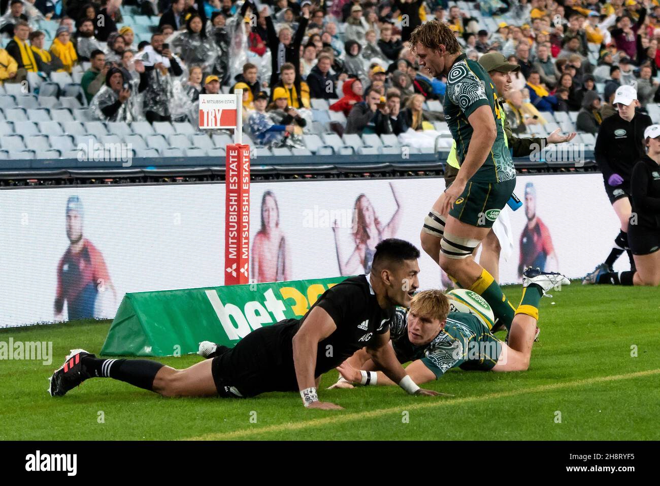 Rieko Ioane of the All Blacks scores a try during the Bledisloe Cup ...