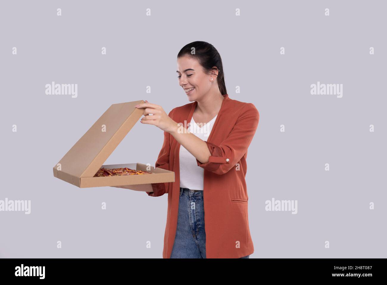 Girl Holding Pizza Box Watching Inside Isolated. Fast Food, Unhealthy ...