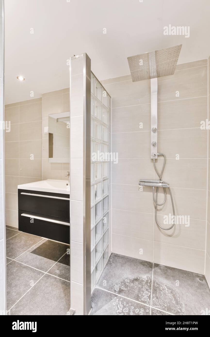 Mind-blowing bathroom with modern, cozy and comfortable shower Stock ...