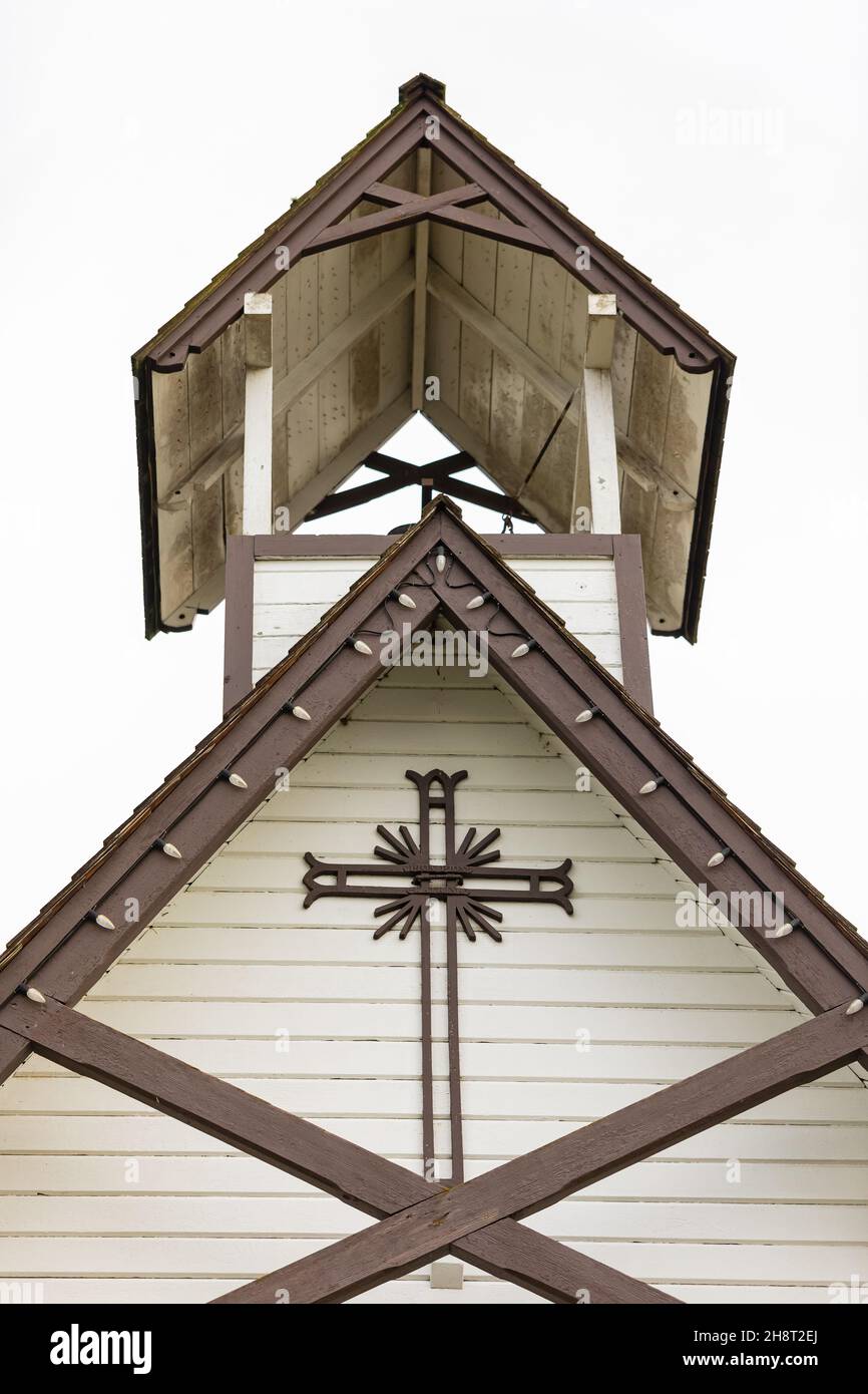 Close up details of a steeple of a wooden white church in old town in ...
